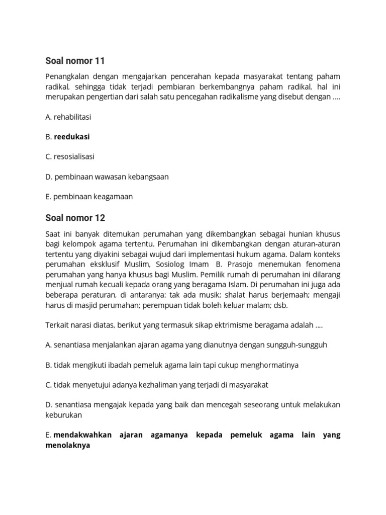 Contoh Soal Moderasi Beragama Part 2 | PDF