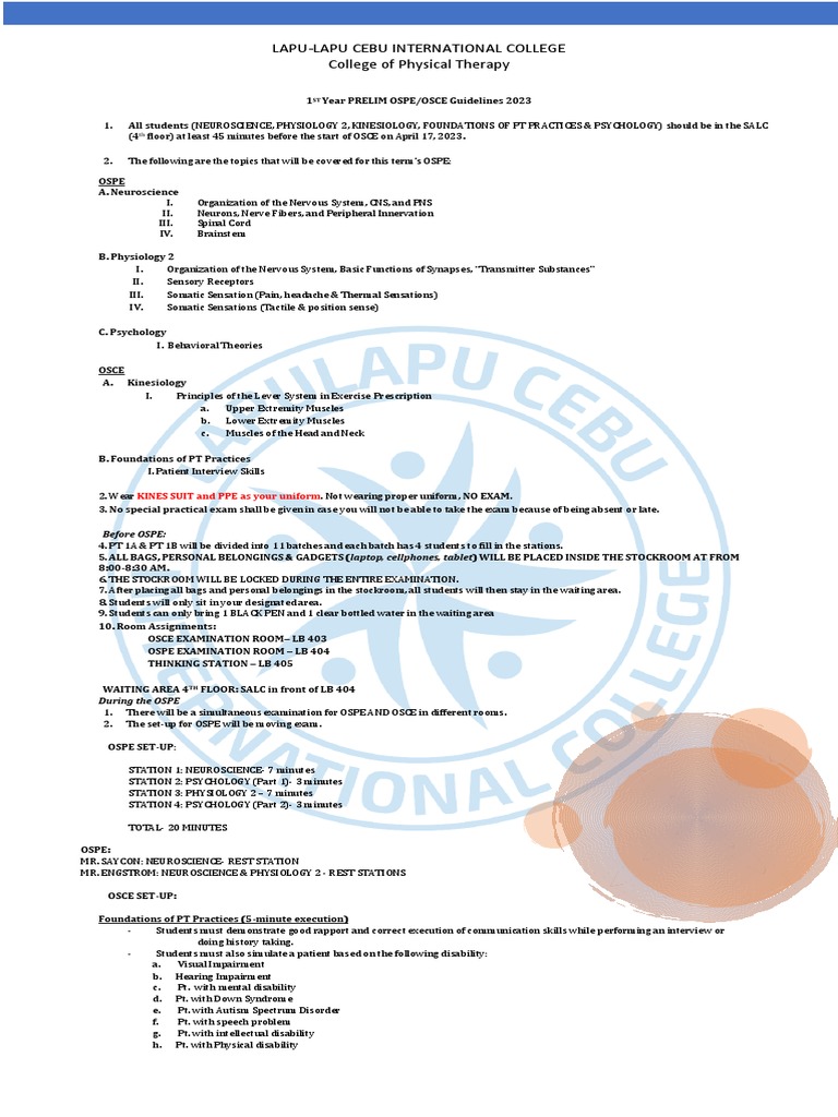 Guidelines and Schedule for the 1st Year Preliminary OSPE and OSCE Examinations | PDF | Nerve ...