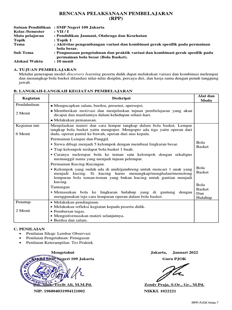 RPP Pjok Bola Basket Kelas 7 | PDF
