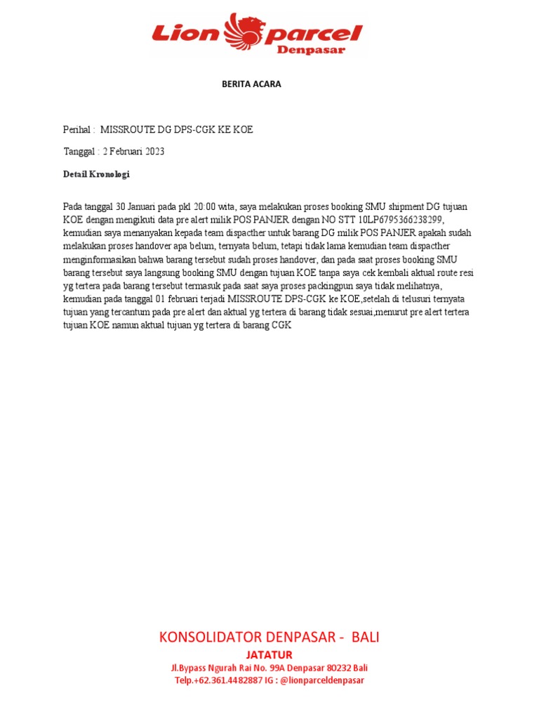 Berita Acara Missroute DG Koe | PDF