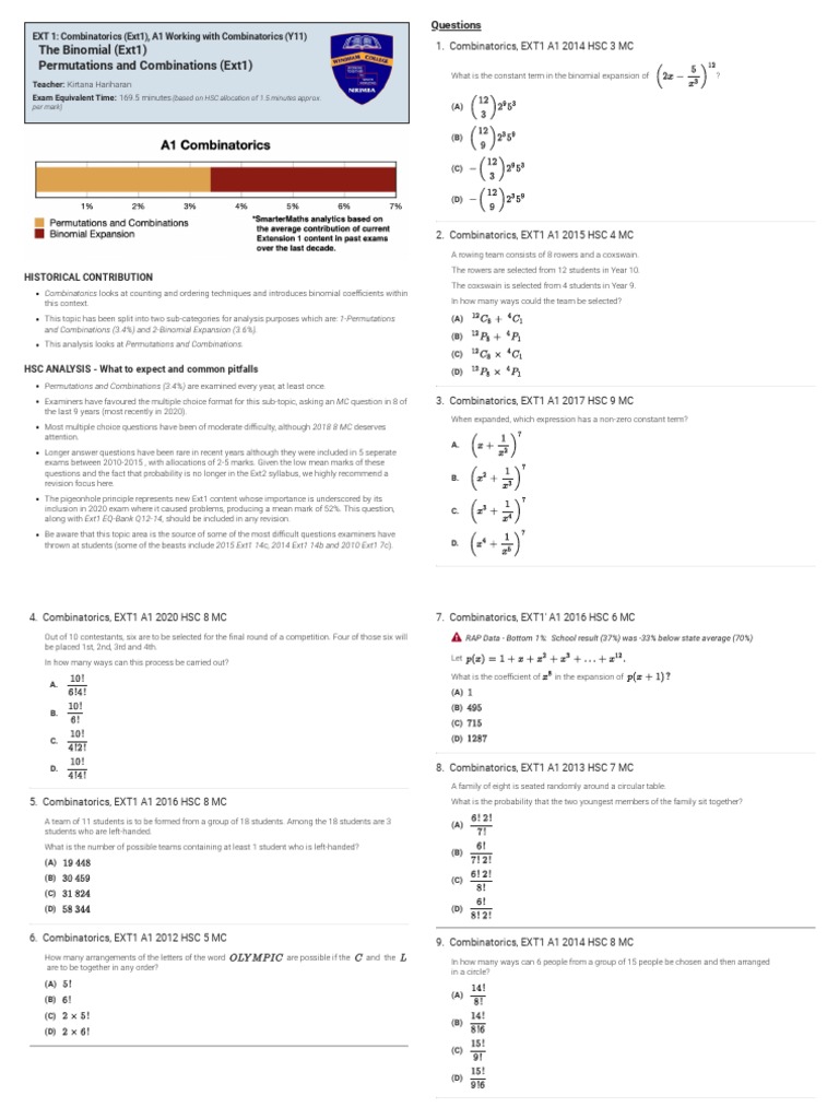 HSC Questions (Permuation and Combinatorics | PDF | Numbers | Combinatorics
