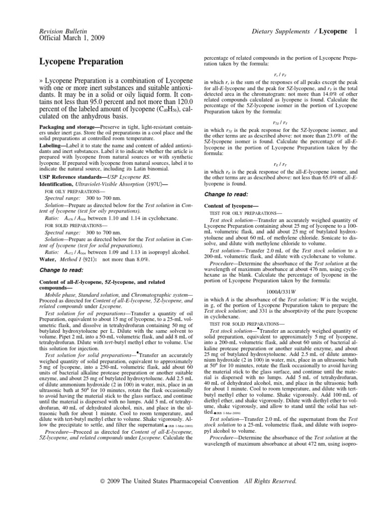 Lycopene Preparation - USP | PDF | Chemical Substances | Physical Chemistry