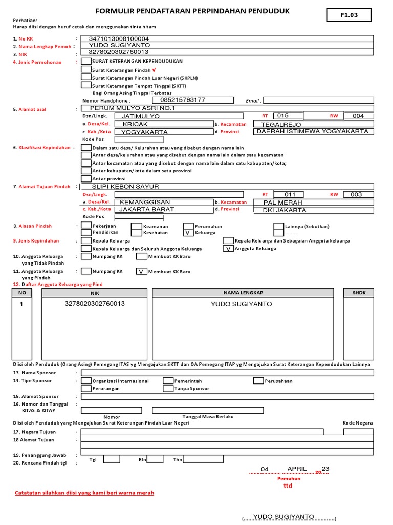 F1.03 Formulir Perpindahan Penduduk (1) Yudo Sugiyanto | PDF
