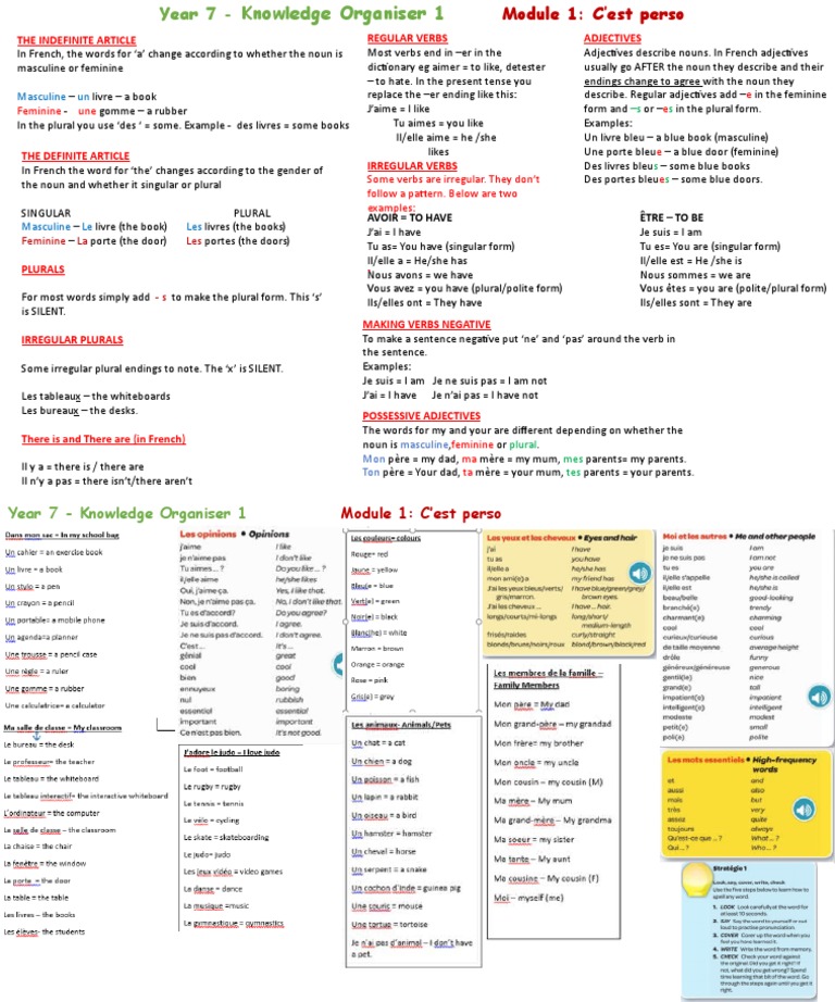 Yr 7 French Knowledge Organiser Module 1 Cest Perso | PDF | Grammatical ...