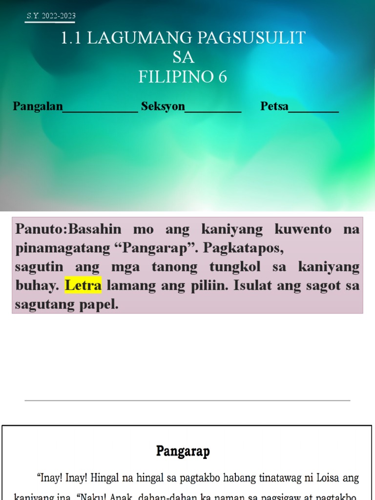 Filipino 6-1.1 Lagumang Pagsusulit | PDF