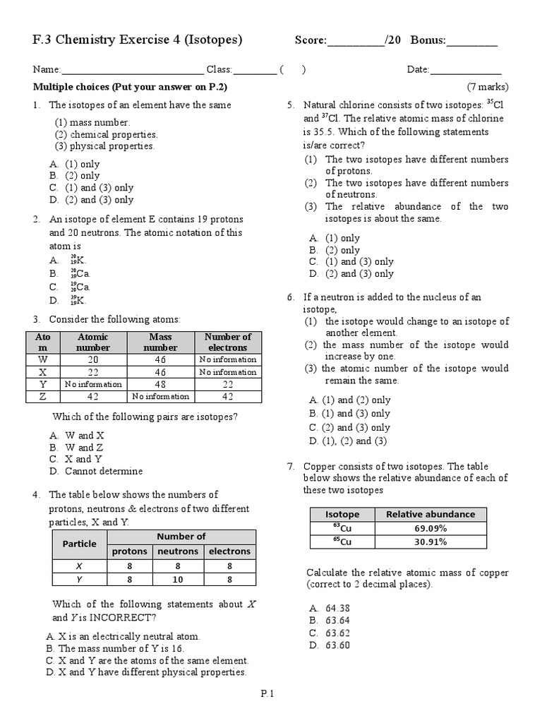 F.3 Chemistry Exercise 4 (Isotopes) (Q&A) | PDF