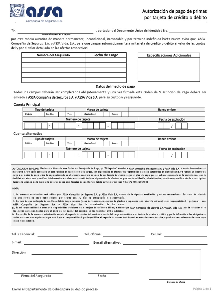 Formulario de Cargo Automatico A Tarjeta de Credito | PDF | Tarjeta de ...