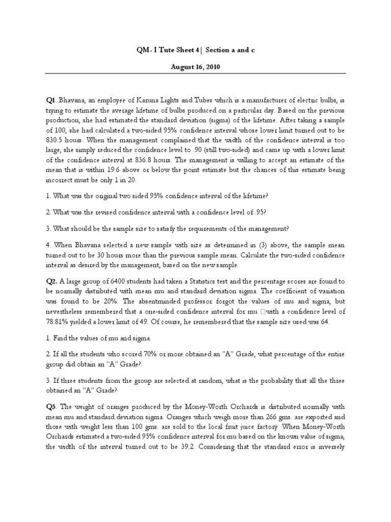 Tute 4 | PDF | Sample Size Determination | Standard Deviation