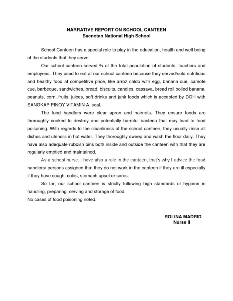 Narrative Report On School Canteen | PDF | Foods | Food And Drink