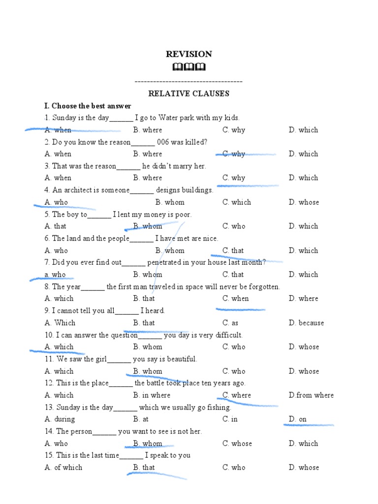 Revision - : Relative Clauses I. Choose The Best Answer | PDF