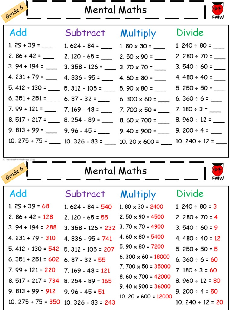 Grade 6 Mental Maths Worksheets | PDF