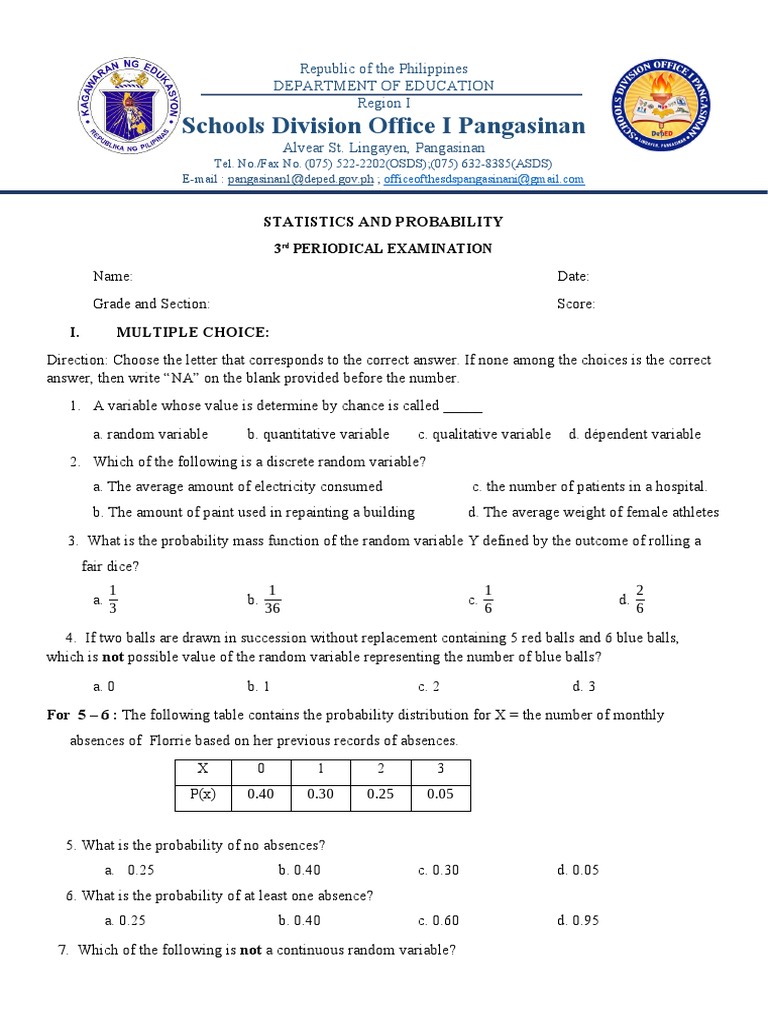 Grade 11 Statistics 3rd Quarter Exam | PDF | Standard Deviation | Probability Distribution