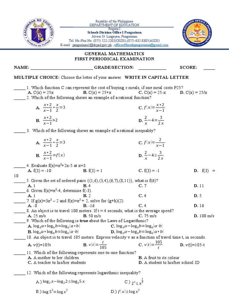 General Mathematics Periodical Exam | PDF | Logarithm | Function ...