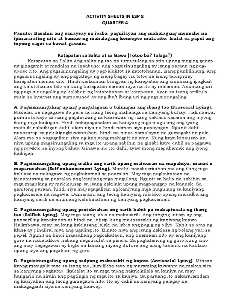 Activity Sheets in Esp 8 Quarter 4 | PDF