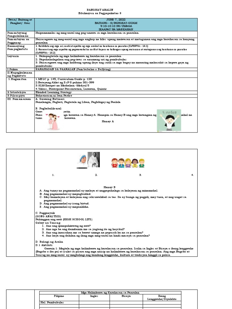 BANGHAY ARALIN Esp 8 Karahasan Sa Paaralan | PDF