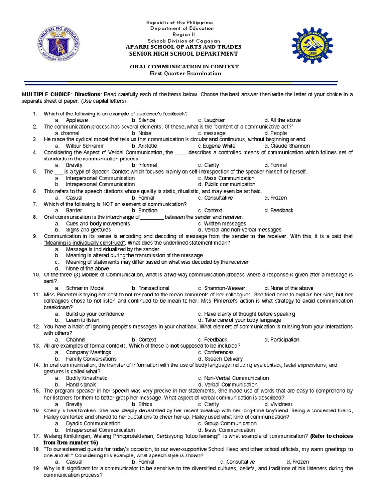 Q1 Occ Exam | PDF | Communication | Nonverbal Communication