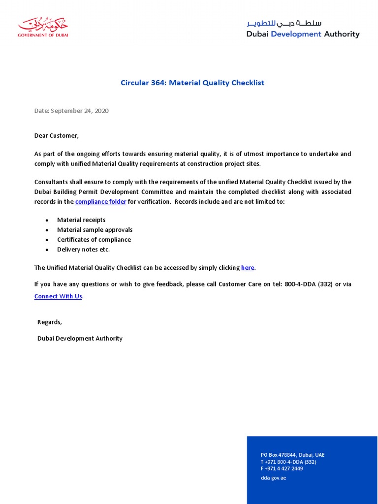 Circular 364 - Material Quality Checklist | PDF
