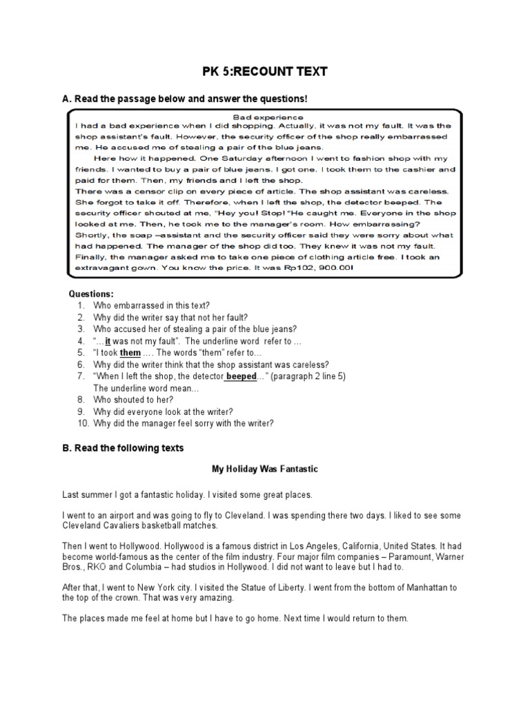 PK 5:recount Text: A. Read The Passage Below and Answer The Questions ...