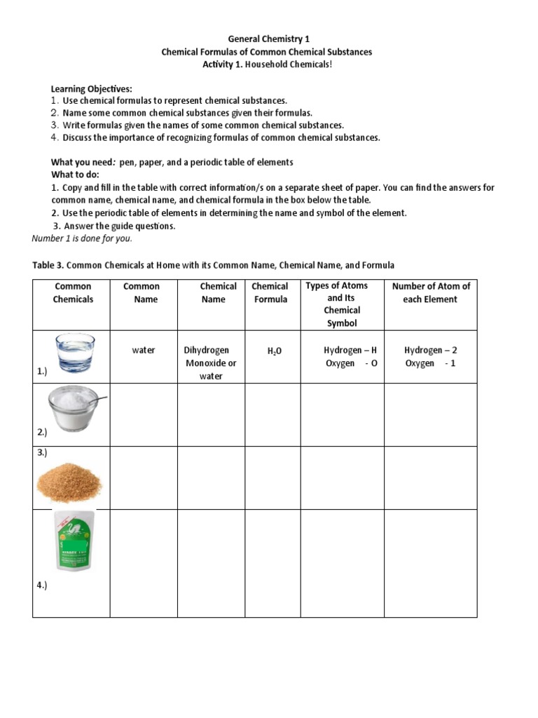 Household Chemical Formulas Activity | PDF | Hydrochloric Acid | Chemistry