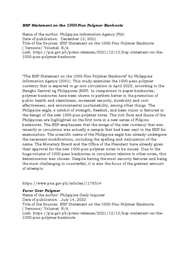 BSP Statement On The 1000-Piso Polymer Banknote | PDF | Currency | Money