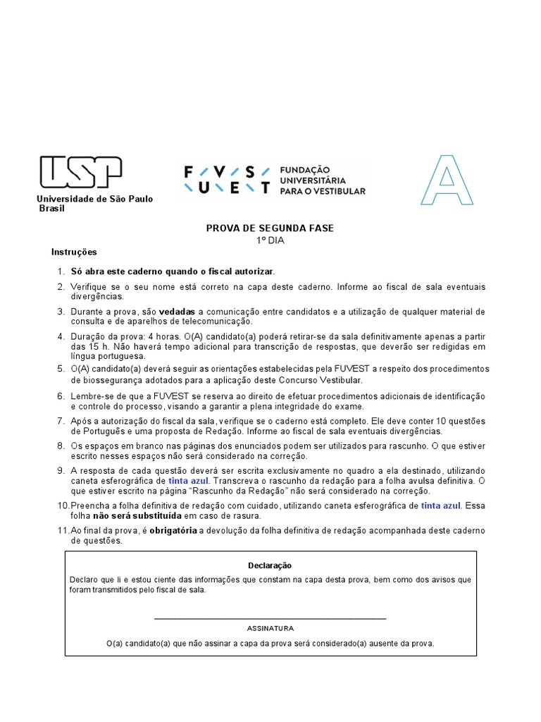 Fuvest 2023 - 2a Fase - 1o Dia | PDF