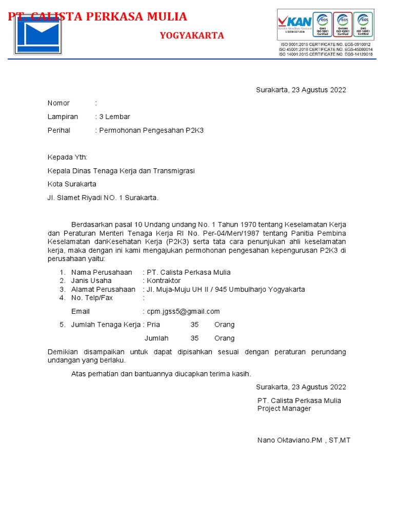 Surat Permohonan P2K3 | PDF