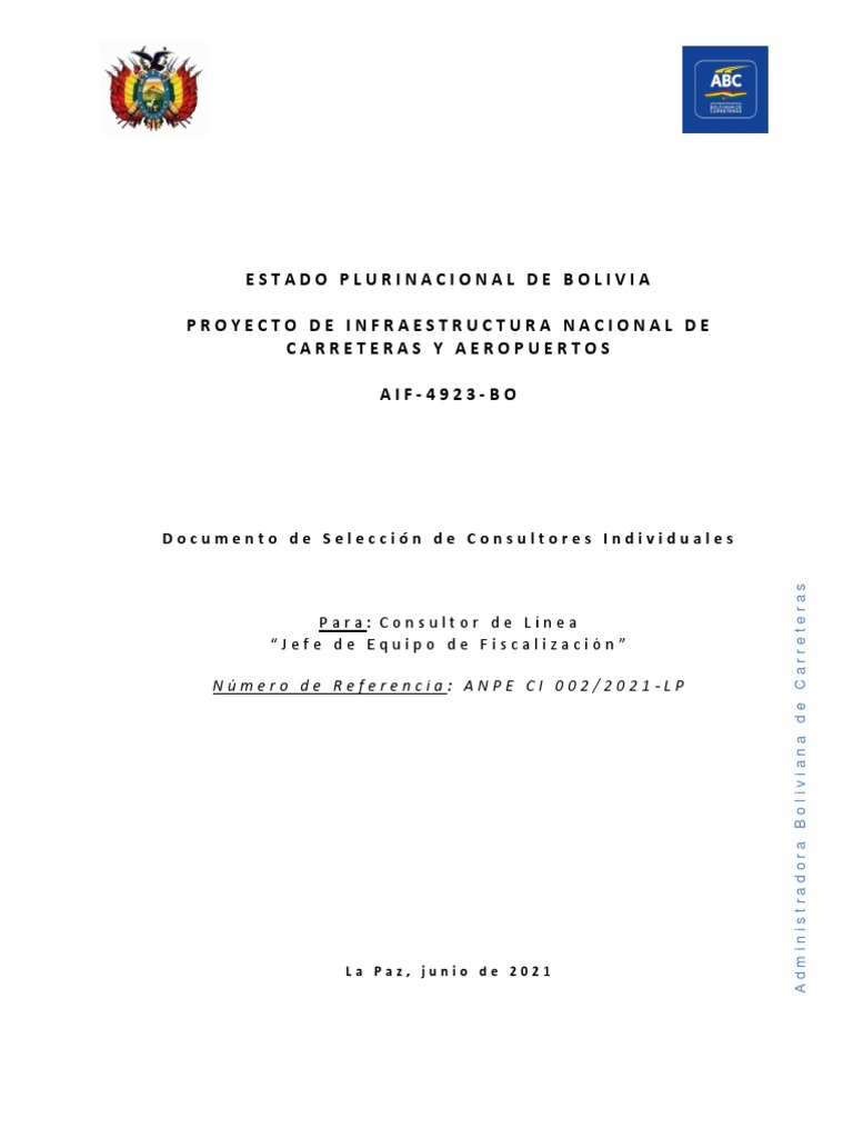 Estado Plurinacional de Bolivia Proyecto de Infraestructura Nacional de Carreteras Y Aeropuertos ...