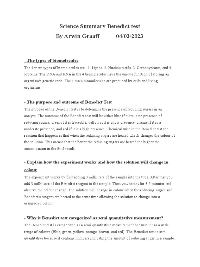 Benedict Test: Detecting Sugars | PDF | Wellness | Science & Mathematics