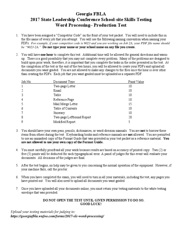 2017 SLC Word Processing Production Test | PDF | Lighting