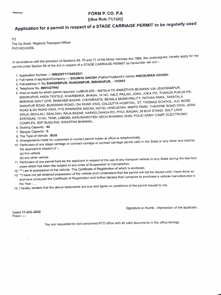 Application Fora Permit in Respect of A STAGE CARRIAGE PERMIT To Be ...