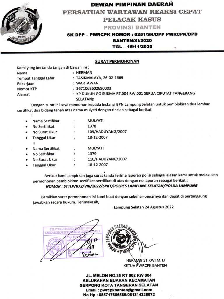 Tanda Terima Laporan Pemblokiran Sertifikat BPN Lampung Selatan | PDF Tanda Terima Laporan Pemblokiran Sertifikat BPN Lampung Selatan | PDF