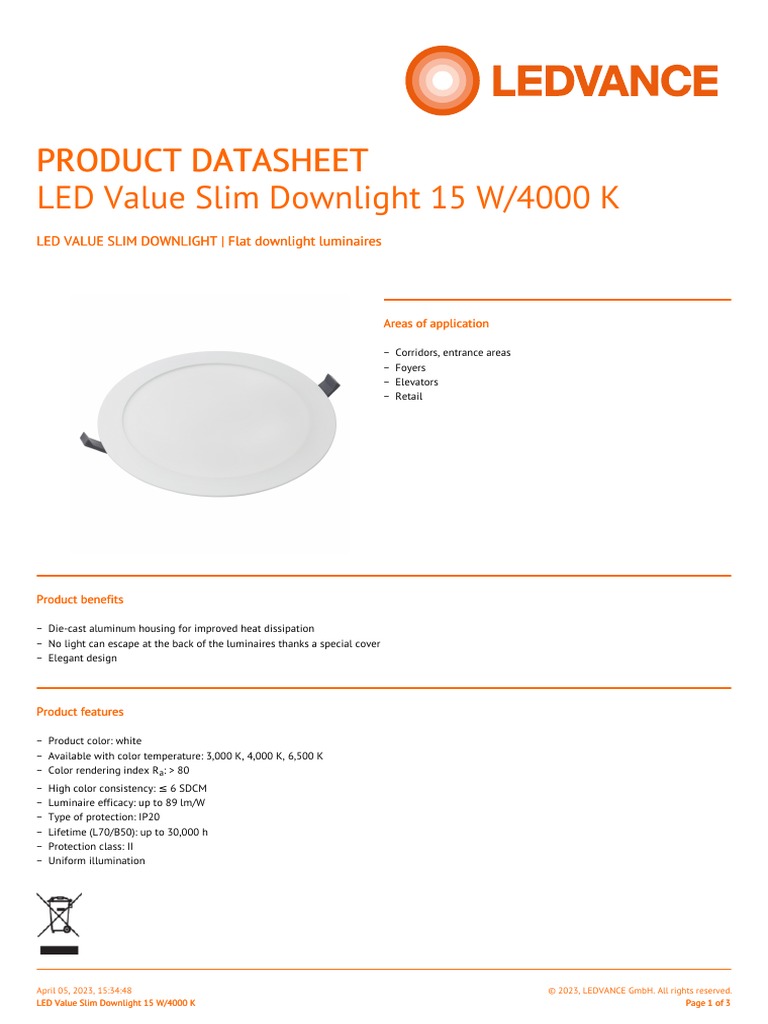 LED Value Slim Downlight 15 W 4000 K en | PDF | Lighting | Electrical Engineering