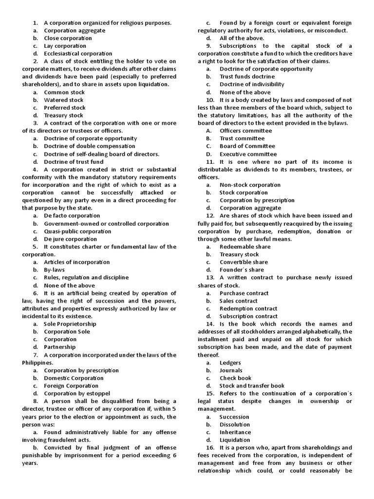 Corpo Questions 1 | PDF | Corporations | Stocks