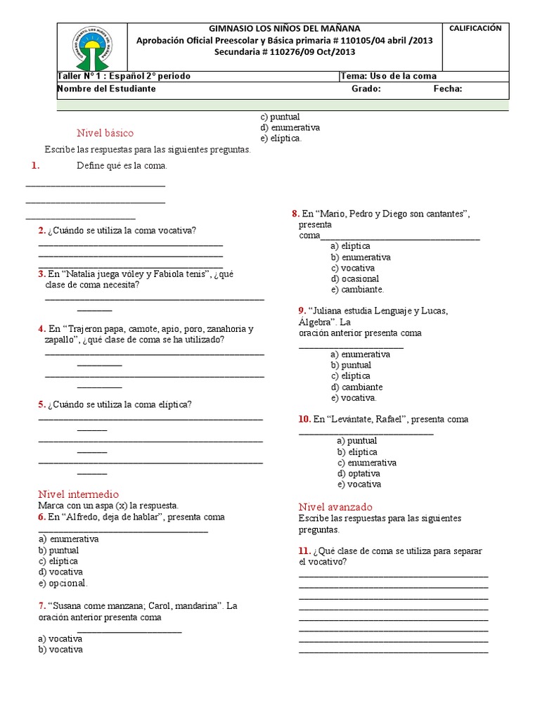 Taller de Español #1 2 Periodo | PDF | Artes del Lenguaje y ...