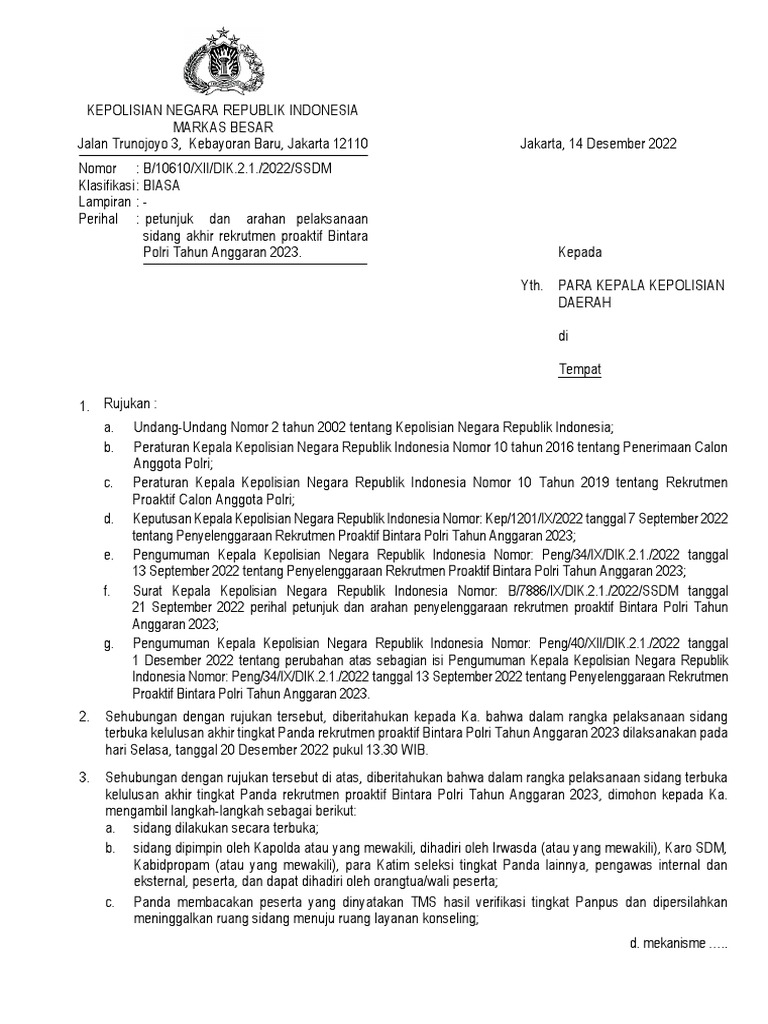 Fix Surat Jukrah Sidang Akhir Rekpro Bintara Polri T.A. 2023 | PDF
