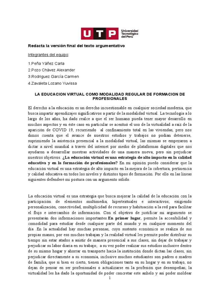 Version Final Texto Argumentativo | PDF | Enseñando | Tecnología de ...