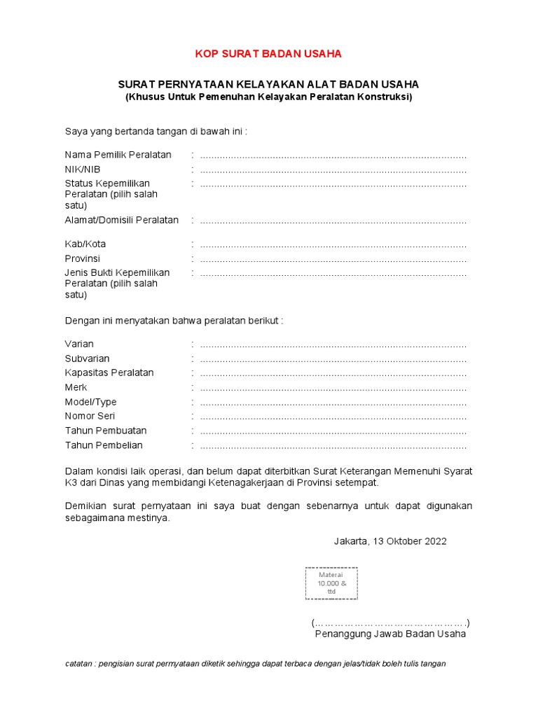 Format Surat Pernyataan Kelayakan Alat Badan Usaha | PDF | Komputer