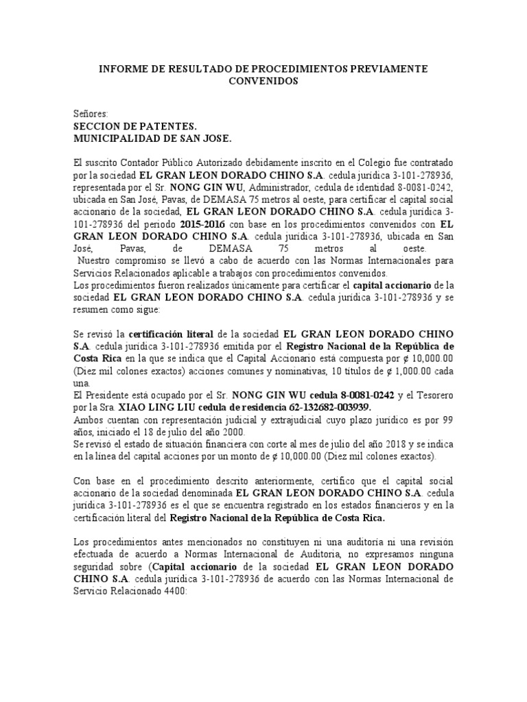 Informe de Resultado de Procedimientos Previamente Convenidos | PDF ...