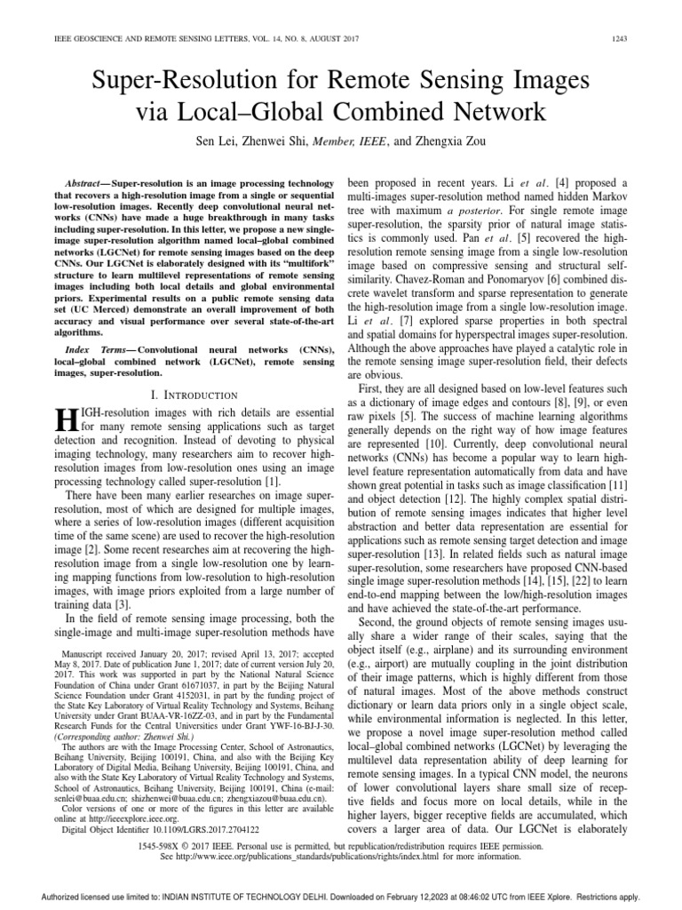Super Resolution For Remote Sensing Images Via Localglobal Combined Network Pdf Image