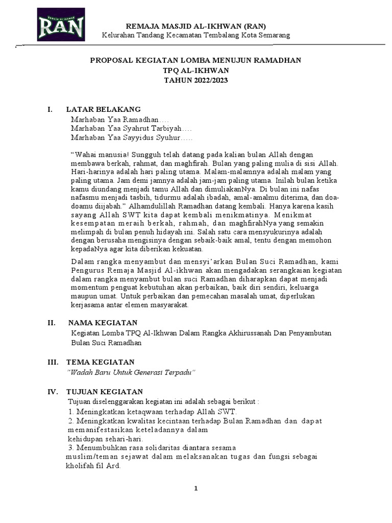 Proposal Remaja Masjid Al-Ikhwan | PDF