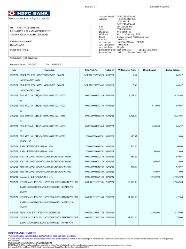 01-Feb-2021 To 31-Jan-2022 BANK STMT | PDF | Financial Markets | Financial Technology