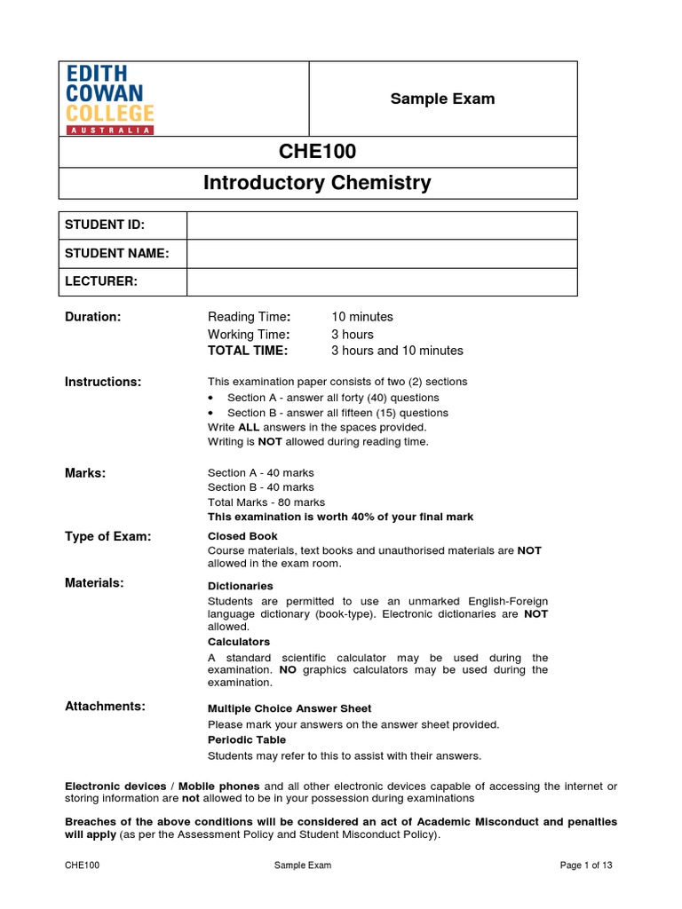 CHE100 - Sample Exam | Download Free PDF | Acid | Chemical Reactions