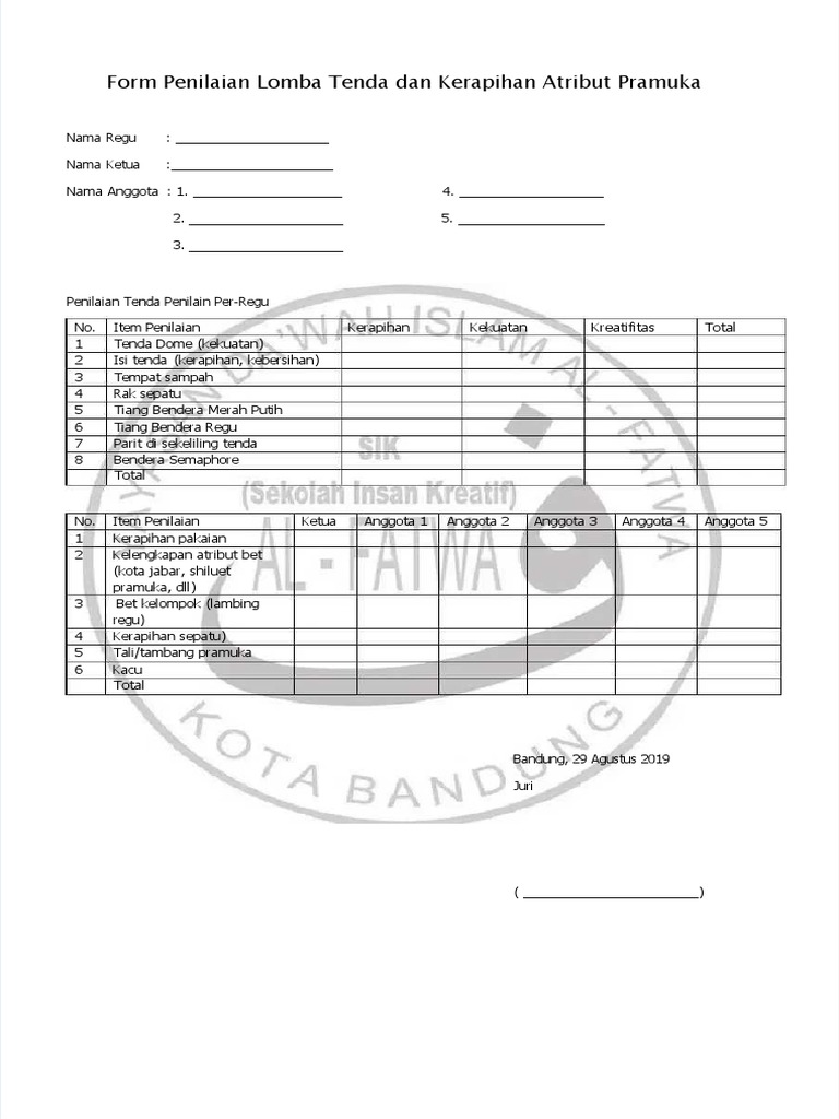 Form Penilaian Lomba Tenda Dan Kerapihan Atribut Pramuka | PDF