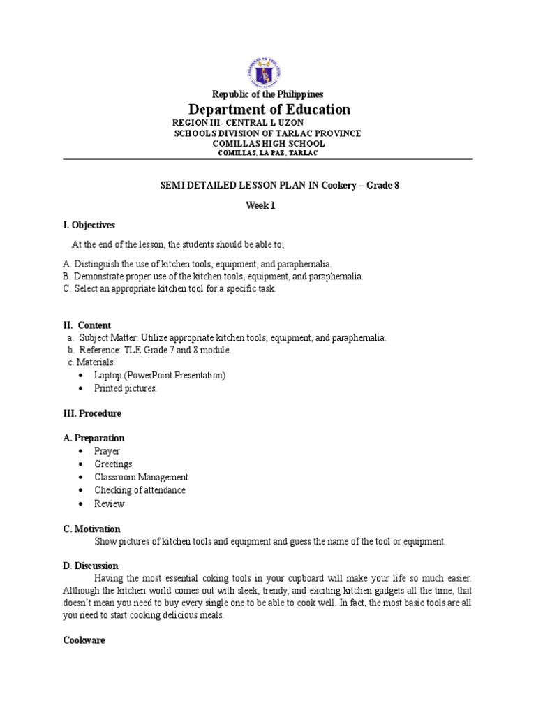 Grade 8 Cookery Lesson Plan: Kitchen Tools | PDF
