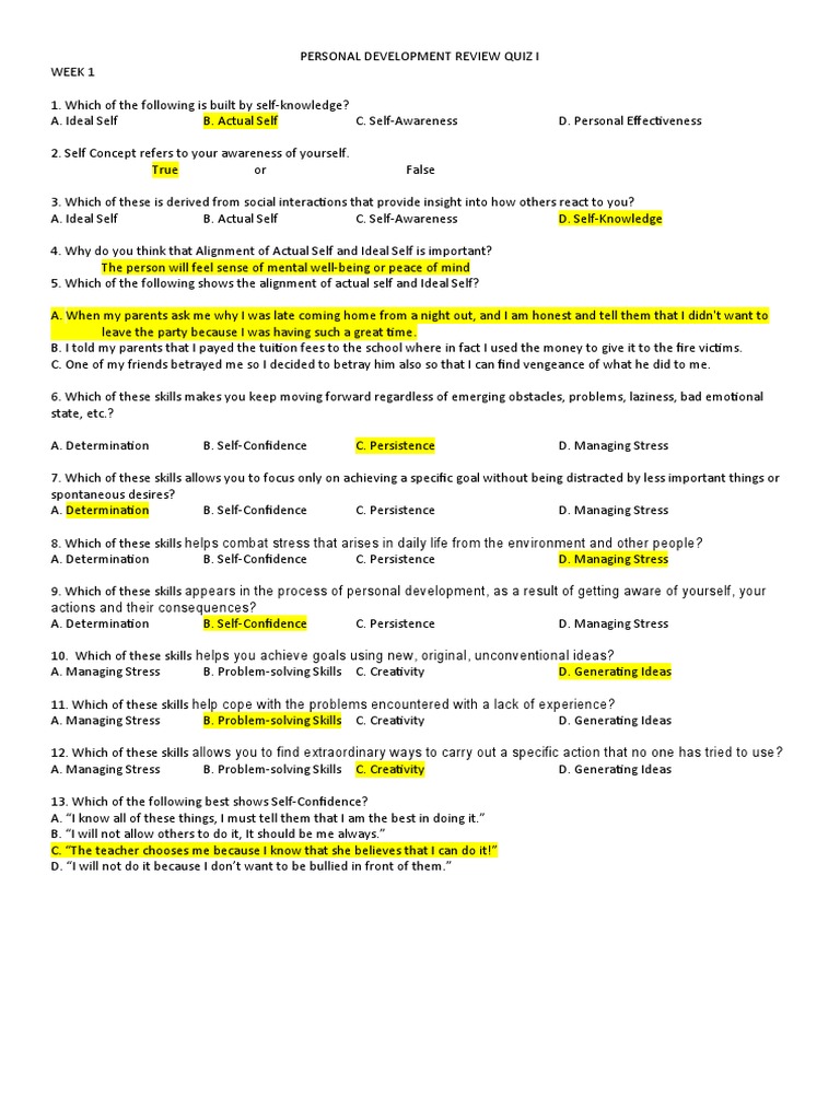 PERSONAL DEVELOPMENT QUIZ Week 1 and 2 ANSWER KEYS | PDF | Identity ...
