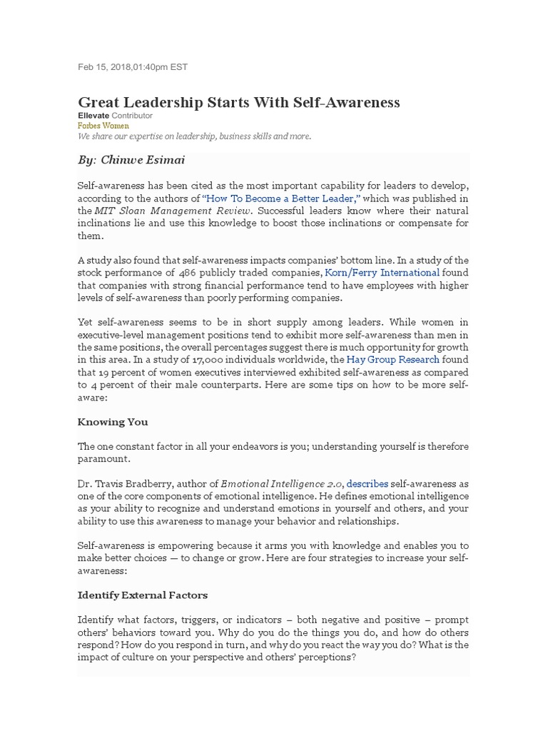 Great Leadership Starts With Self-Awareness | PDF | Self Awareness ...