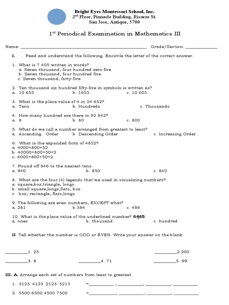Montessori School Math Exam Guide | PDF | Mathematics
