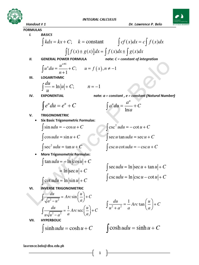Handout # 1. Basic Integration Formulas | PDF | Trigonometric Functions ...