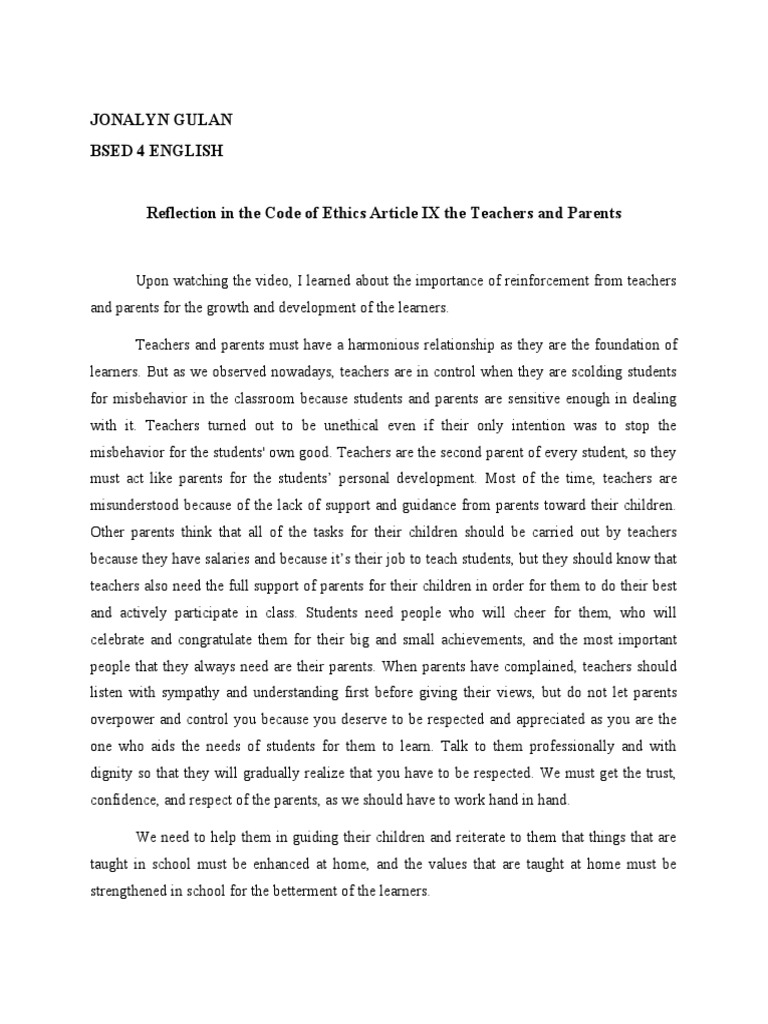 Reflection in The Code of Ethics Article IX The Teachers and Parents | PDF