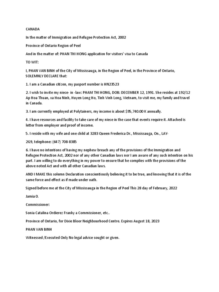 Visitor Visa Invitation Declaration | PDF | Social Science | Law